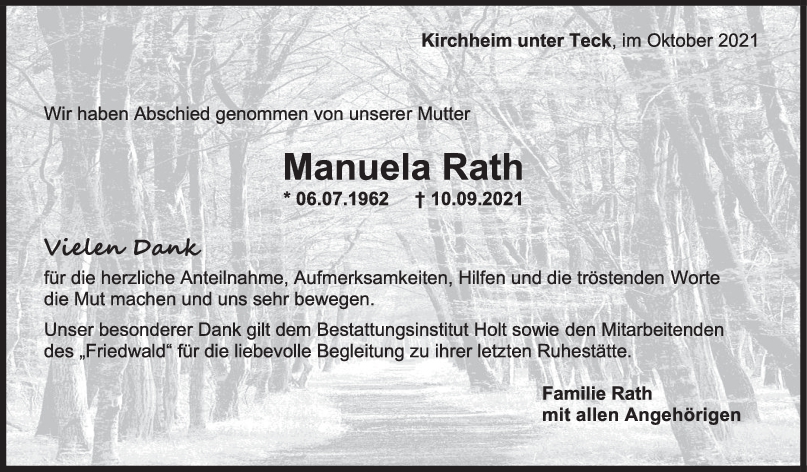 Trauer Manuela Rath 23/10/2021 – Teckbote Trauerportal