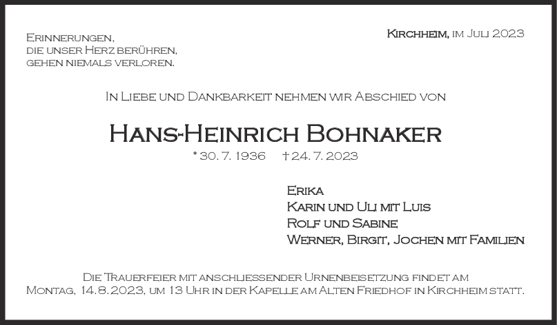Trauer Hans-Heinrich Bohnaker 29/07/2023 – Teckbote Trauerportal