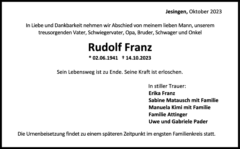 Trauer Rudolf Franz 21/10/2023 – Teckbote Trauerportal