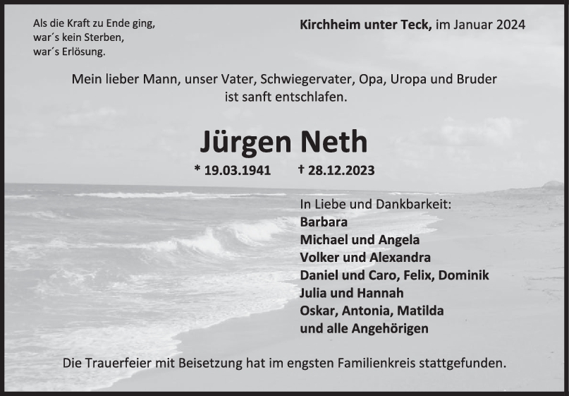 Trauer Jürgen Neth 13/01/2024 – Teckbote Trauerportal
