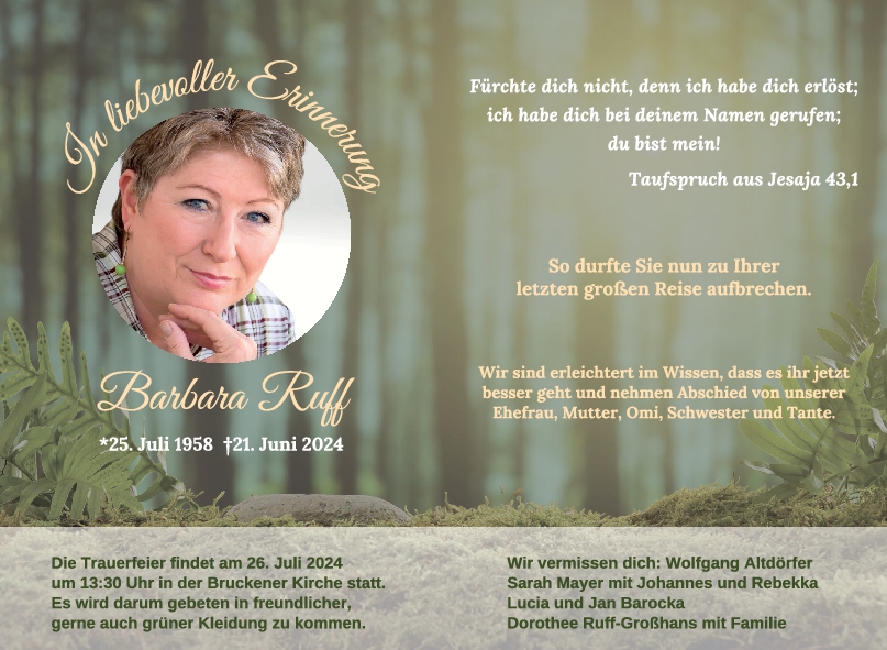 Trauer Barbara Ruff 29/06/2024 – Teckbote Trauerportal